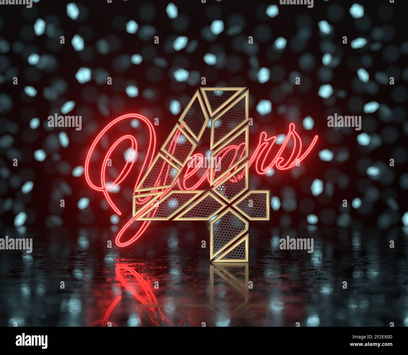 Golden number four (number 4) cut into perforated gold segments with ...