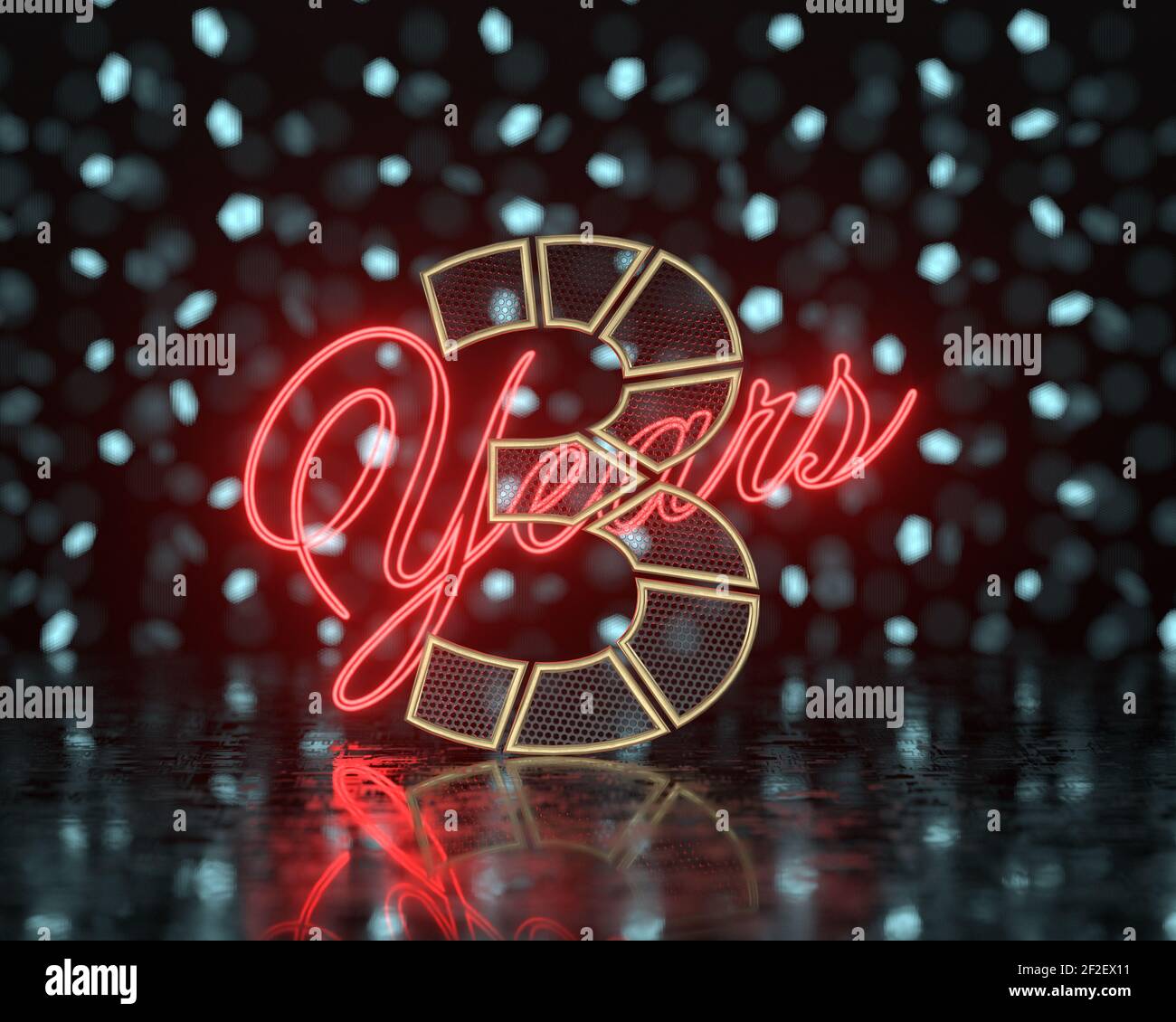 Golden number three (number 3) cut into perforated gold segments with ...