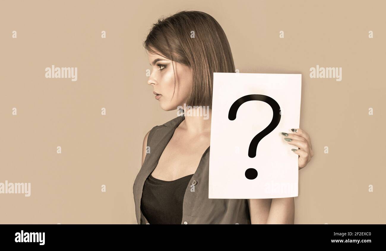 Thinking woman with question mark. Paper notes with question marks ...
