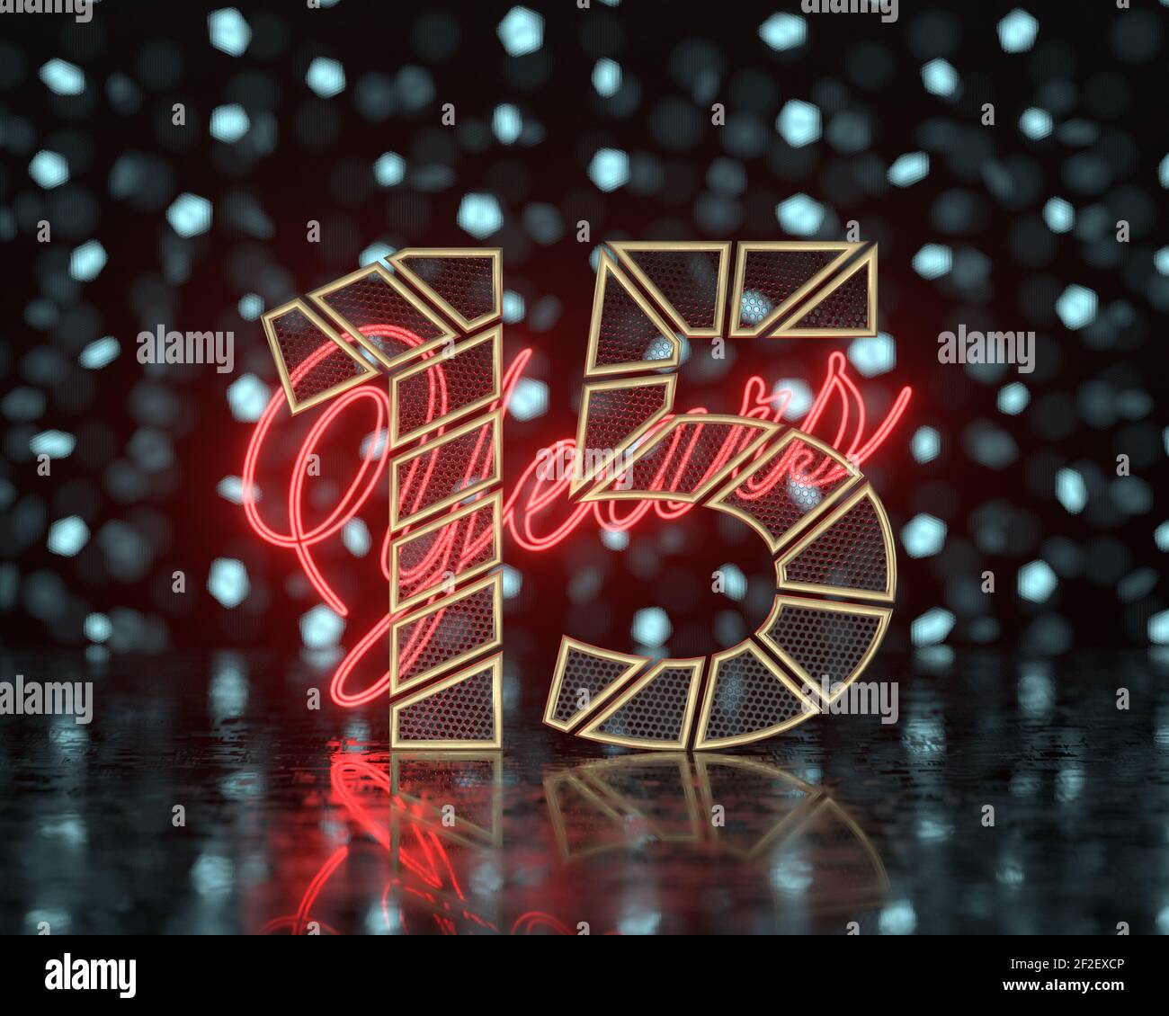 Golden number fifteen (number 15) cut into perforated gold segments ...