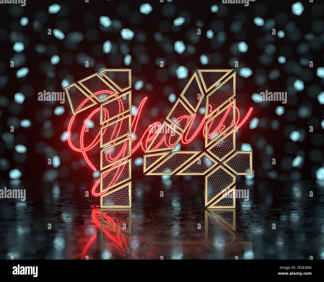 Golden number fourteen (number 14) cut into perforated gold segments ...