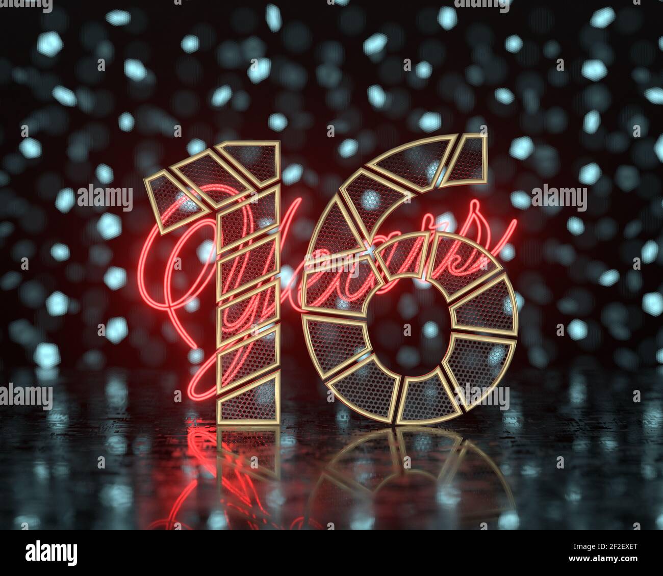 Golden number sixteen (number 16) cut into perforated gold segments ...