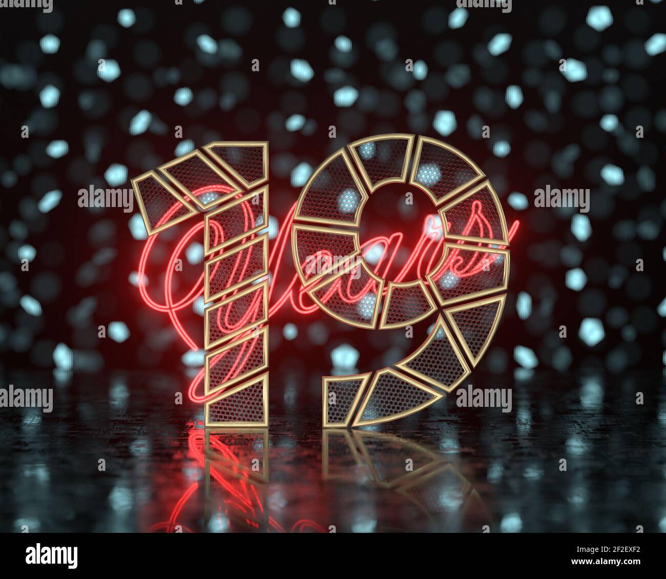 Golden number nineteen (number 19) cut into perforated gold segments ...