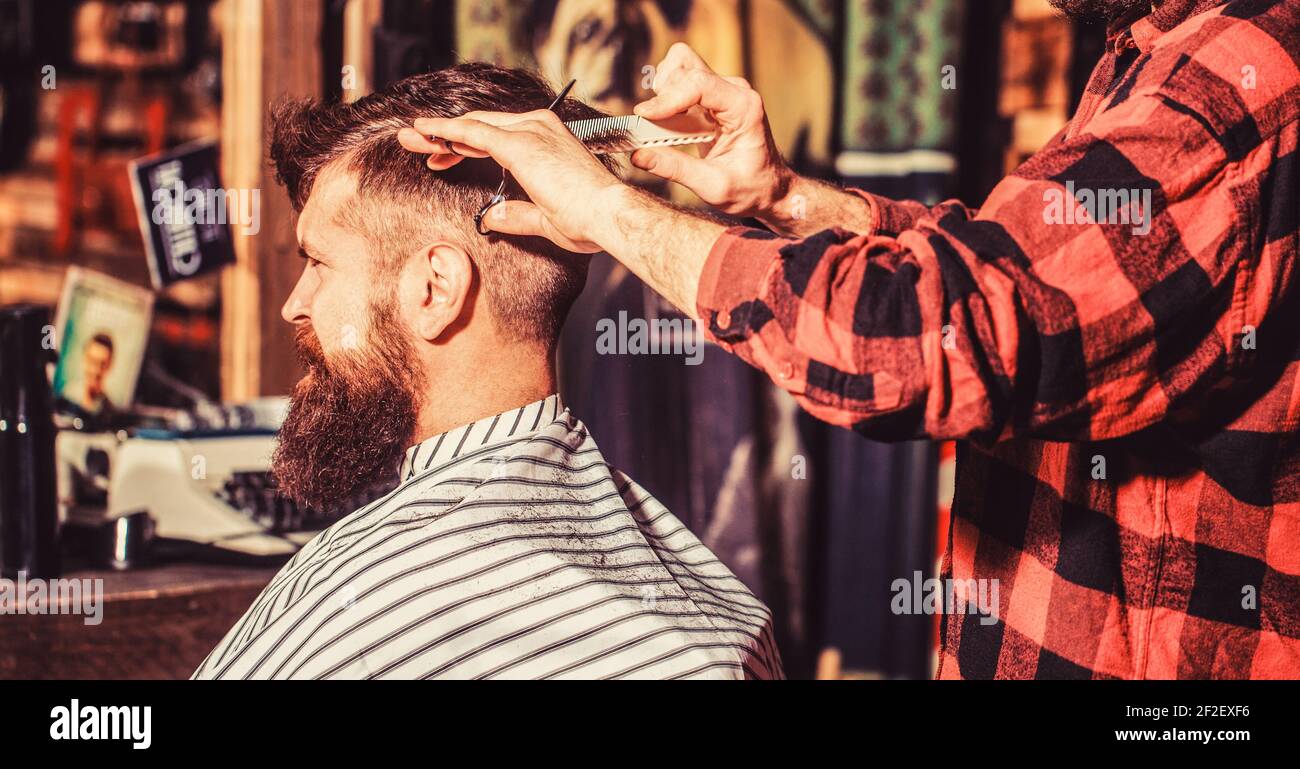 Hairdresser cutting hair of male client. Man visiting hairstylist in ...