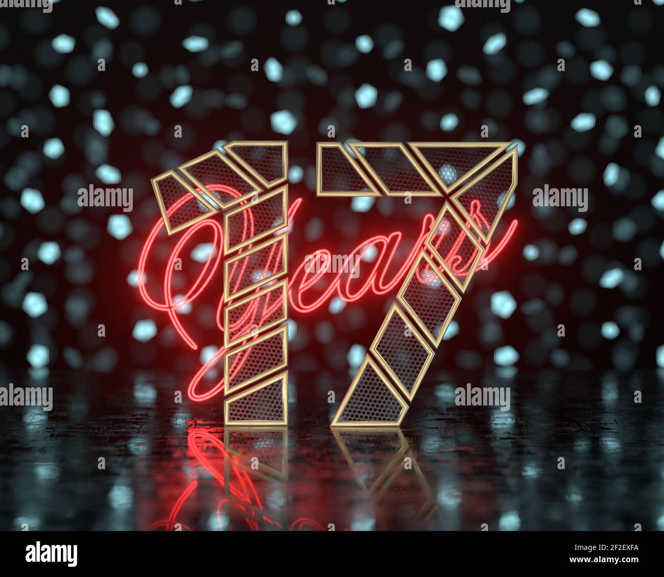 Golden number seventeen (number 17) cut into perforated gold segments ...