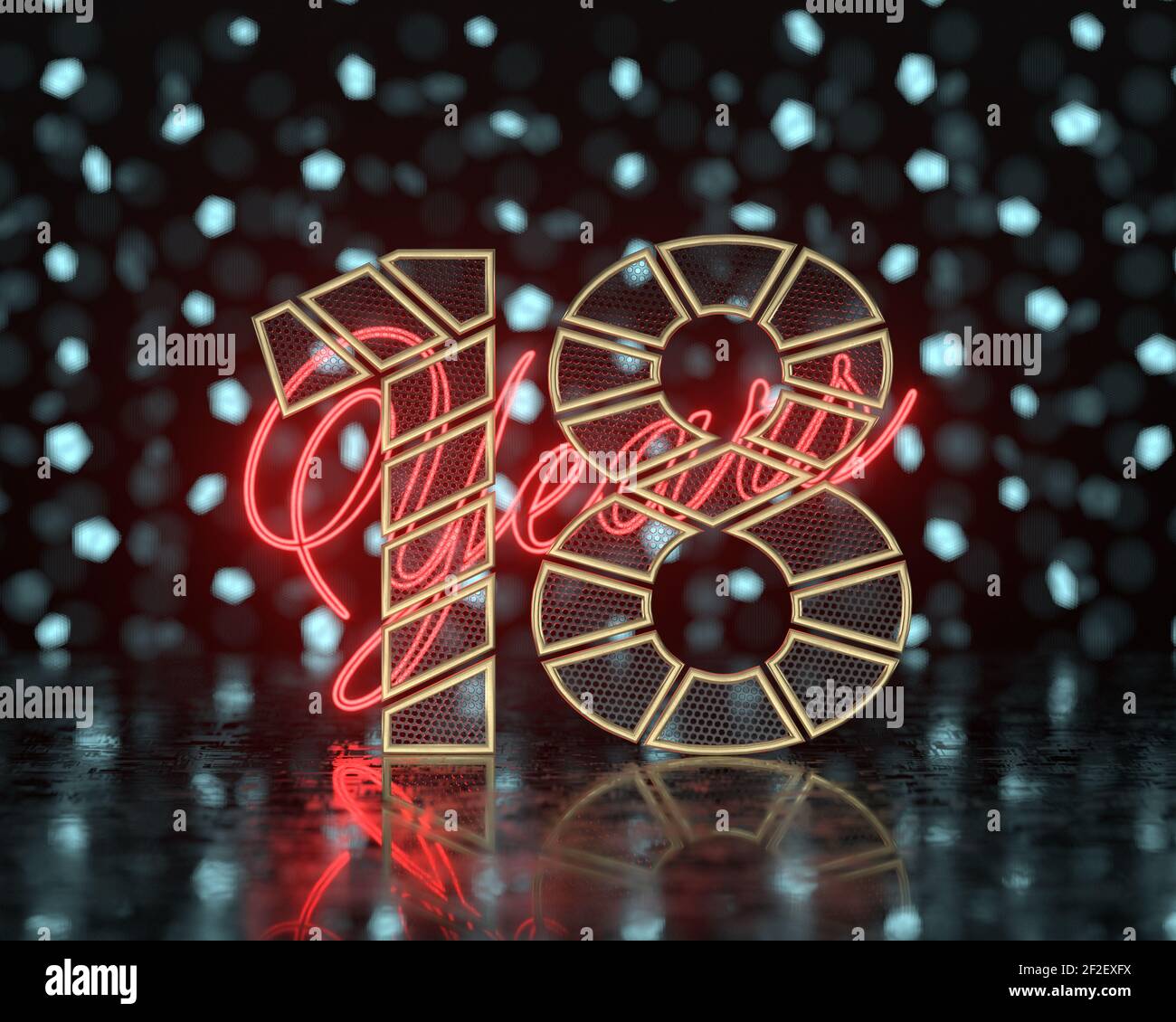 Golden number eighteen (number 18) cut into perforated gold segments ...