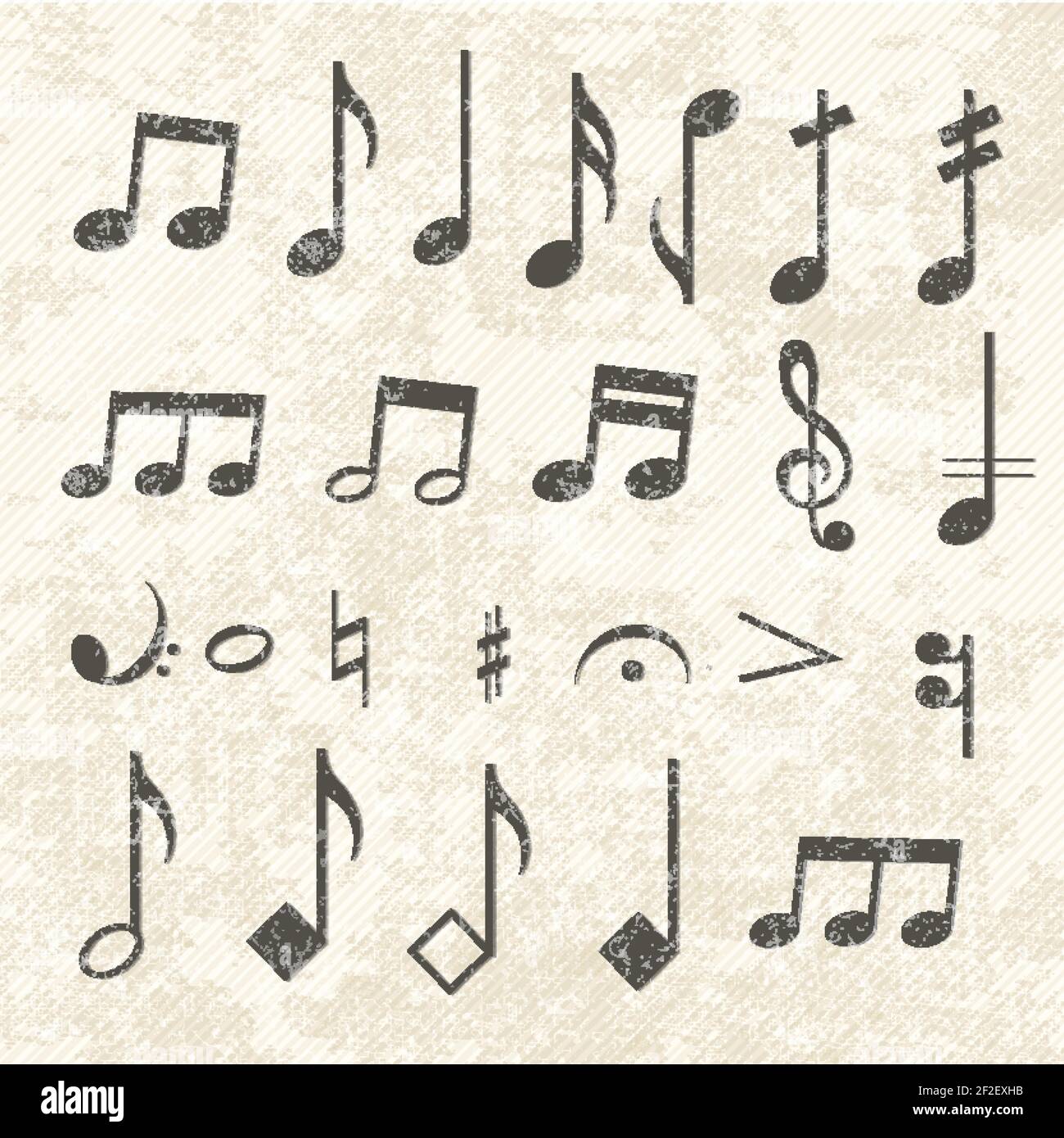 Musical notes icon set vintage worn by time on a light background with ...