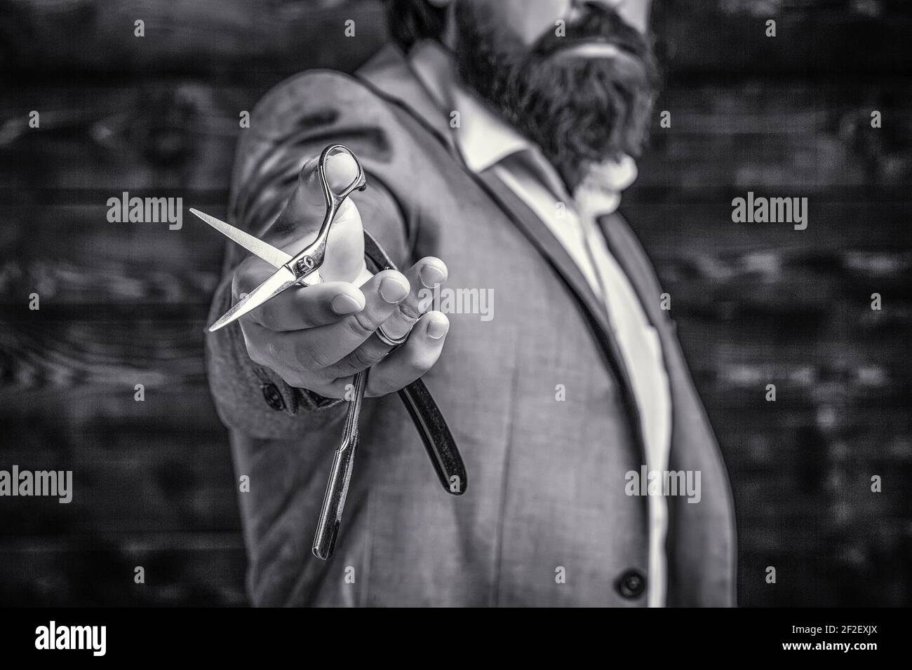 Bearded Client Visiting Barber Shop Barber Scissors And Straight Razor
