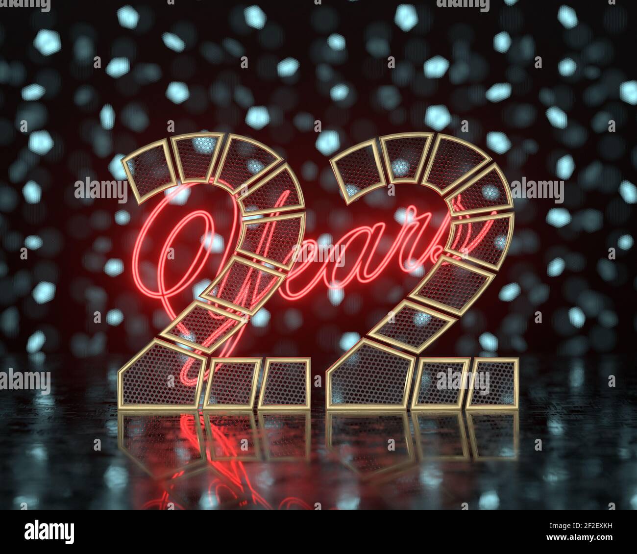 Golden number twenty-two (number 22) cut into perforated gold segments ...