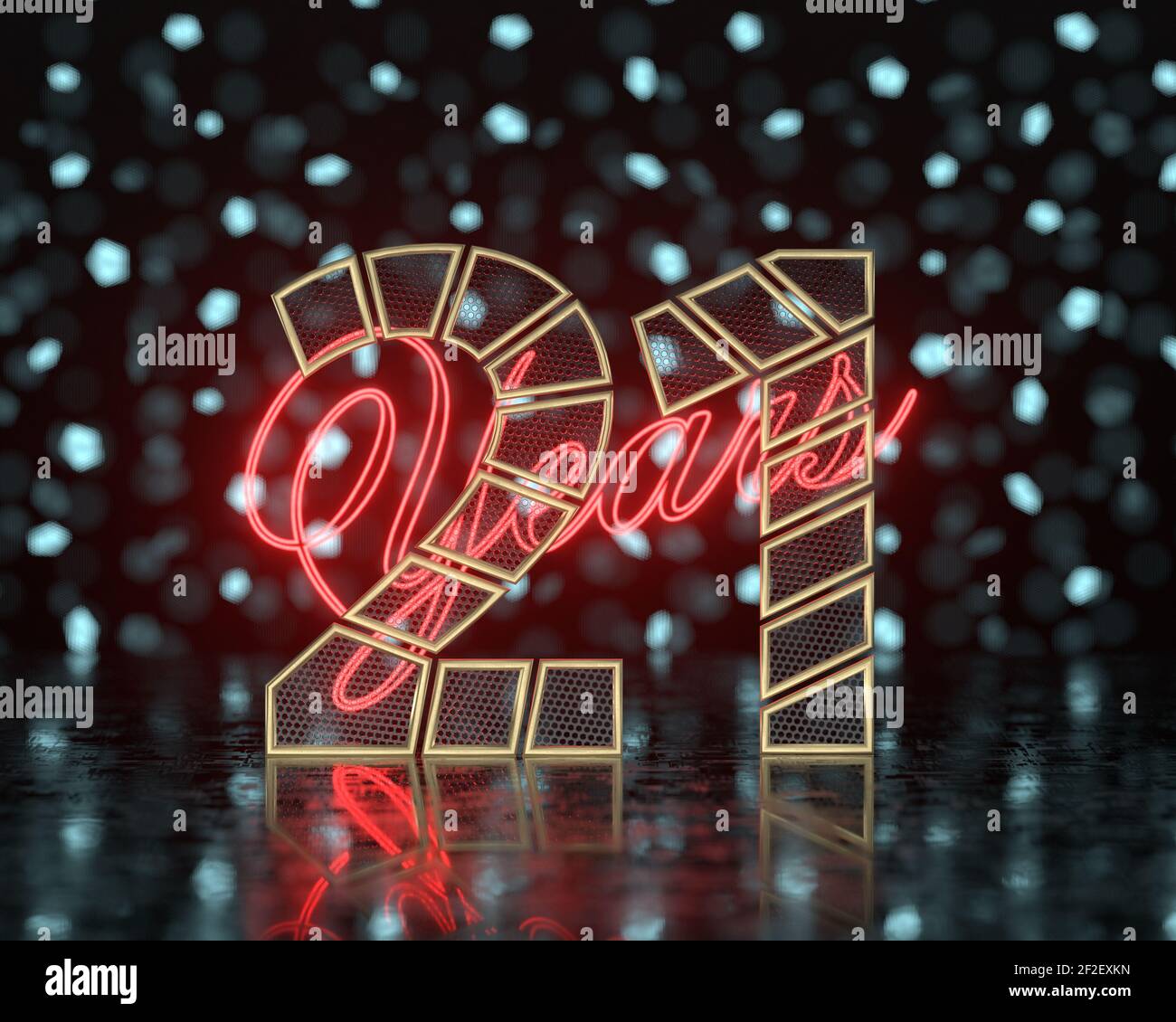 Golden number twenty-one (number 21) cut into perforated gold segments ...