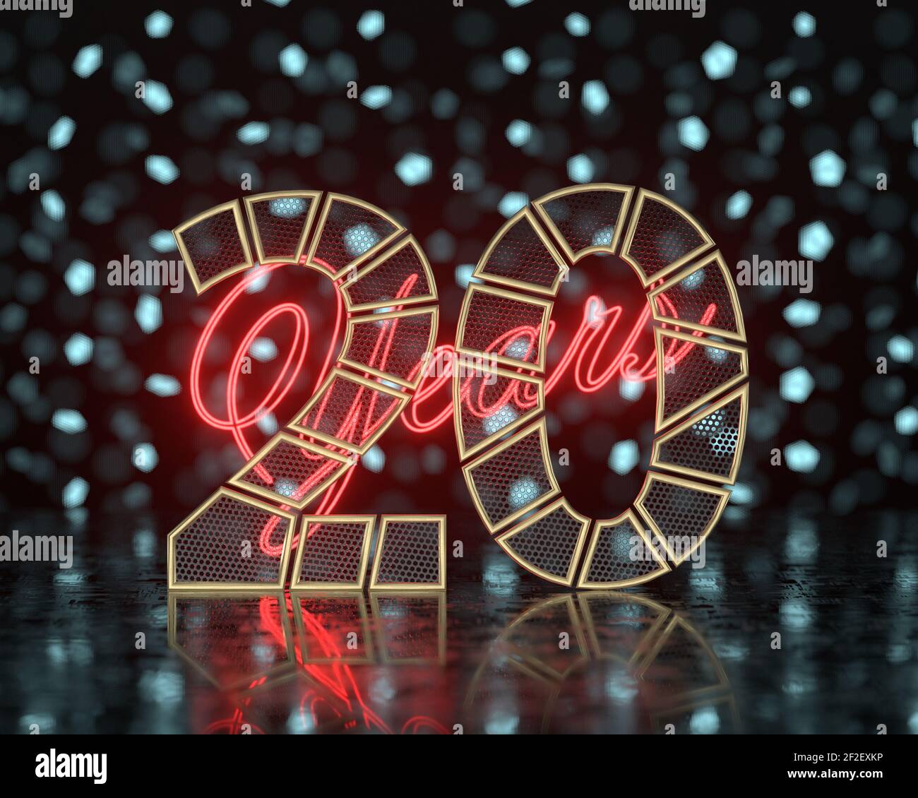 Golden number twenty (number 20) cut into perforated gold segments with ...