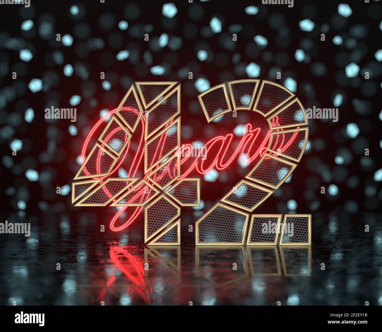 Golden number forty-two (number 42) cut into perforated gold segments ...