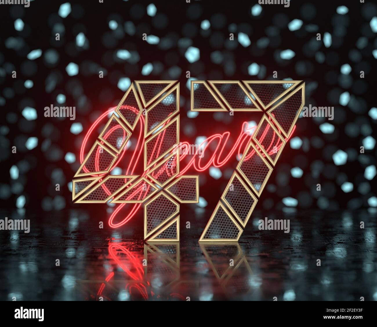 Golden number forty-seven (number 47) cut into perforated gold segments ...