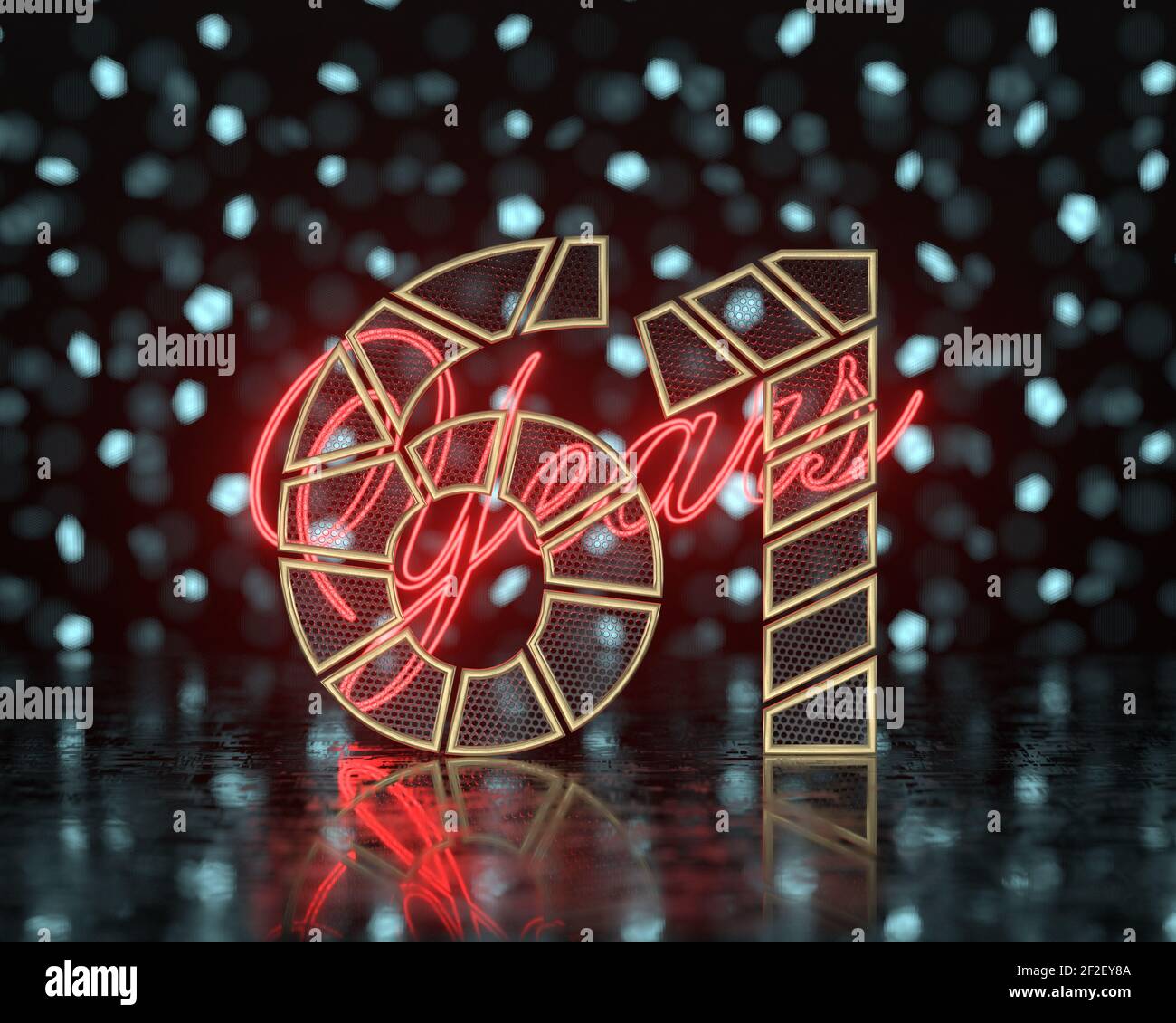 Golden number sixty-one (number 61) cut into perforated gold segments ...