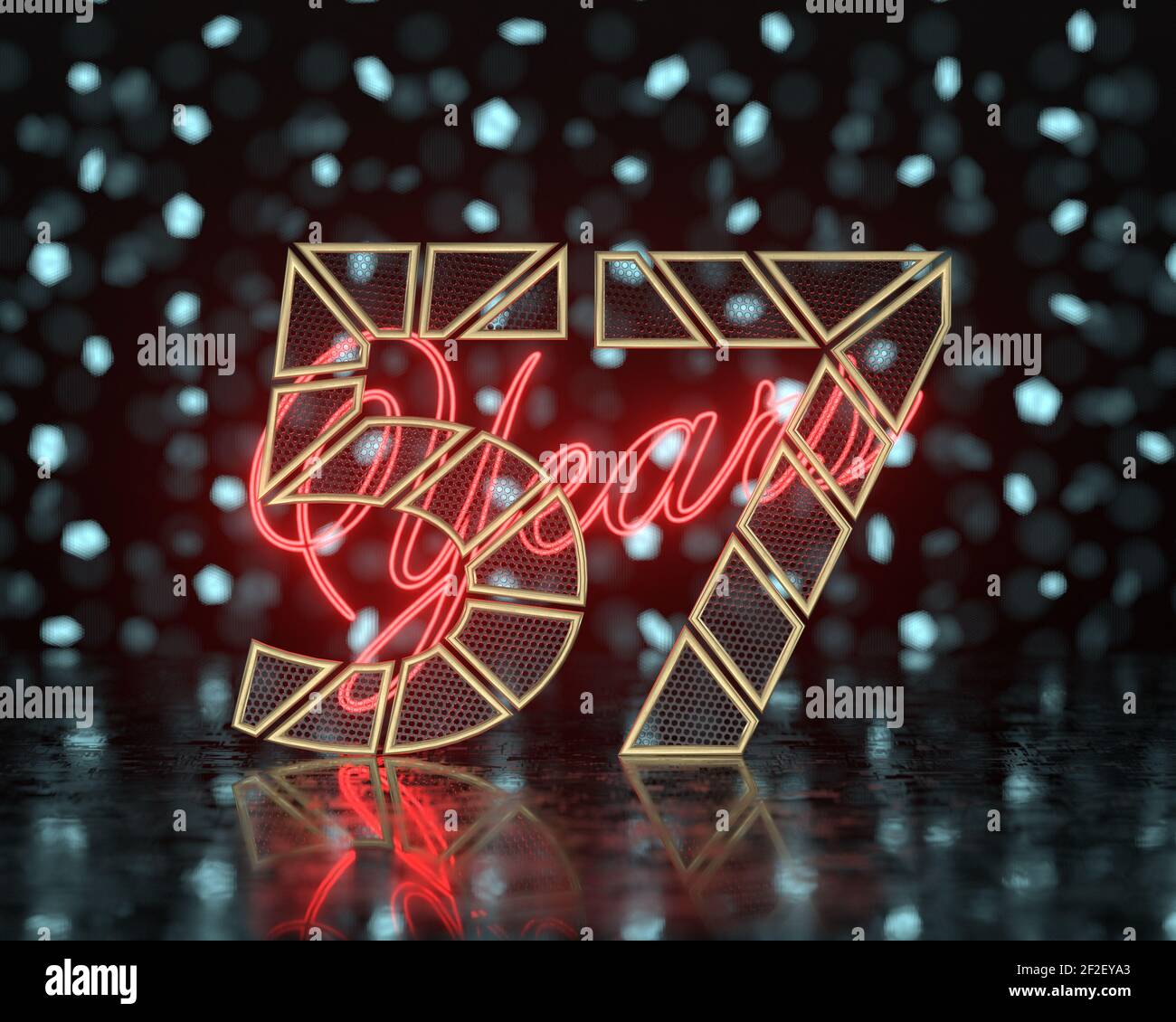 Golden number fifty-seven (number 57) cut into perforated gold segments ...