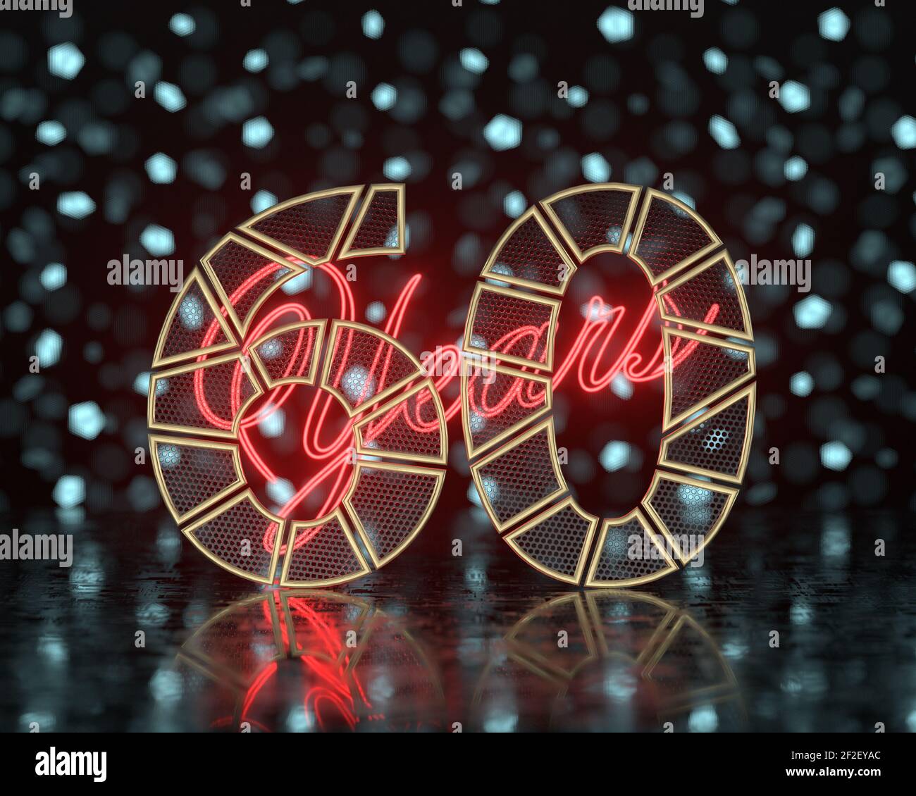 Golden number sixty (number 60) cut into perforated gold segments with ...