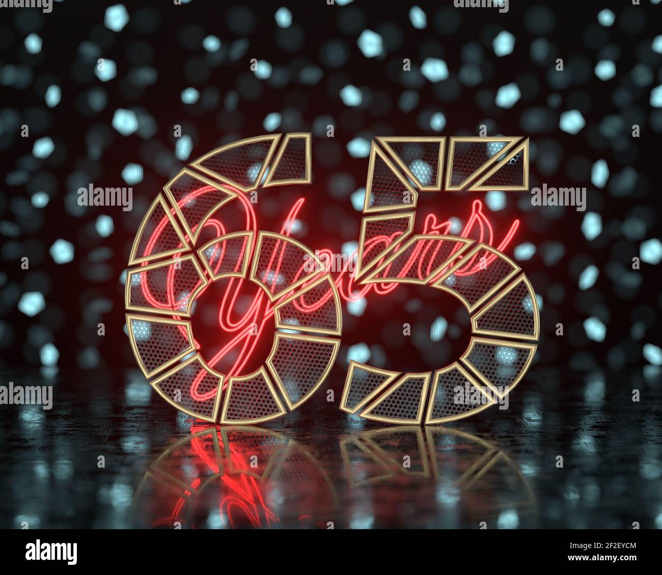 Golden number sixty-five (number 65) cut into perforated gold segments ...