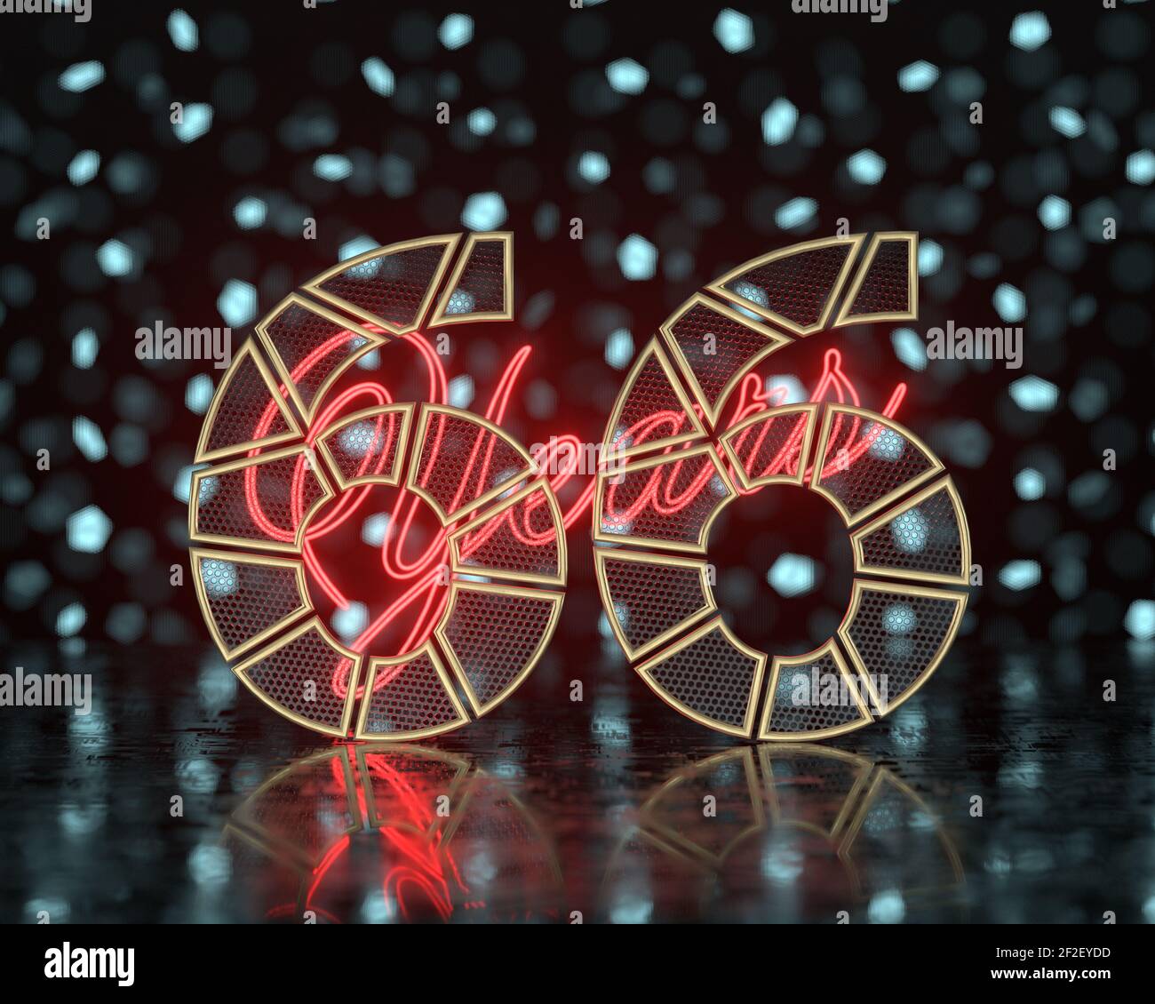 Golden number sixty-six (number 66) cut into perforated gold segments ...