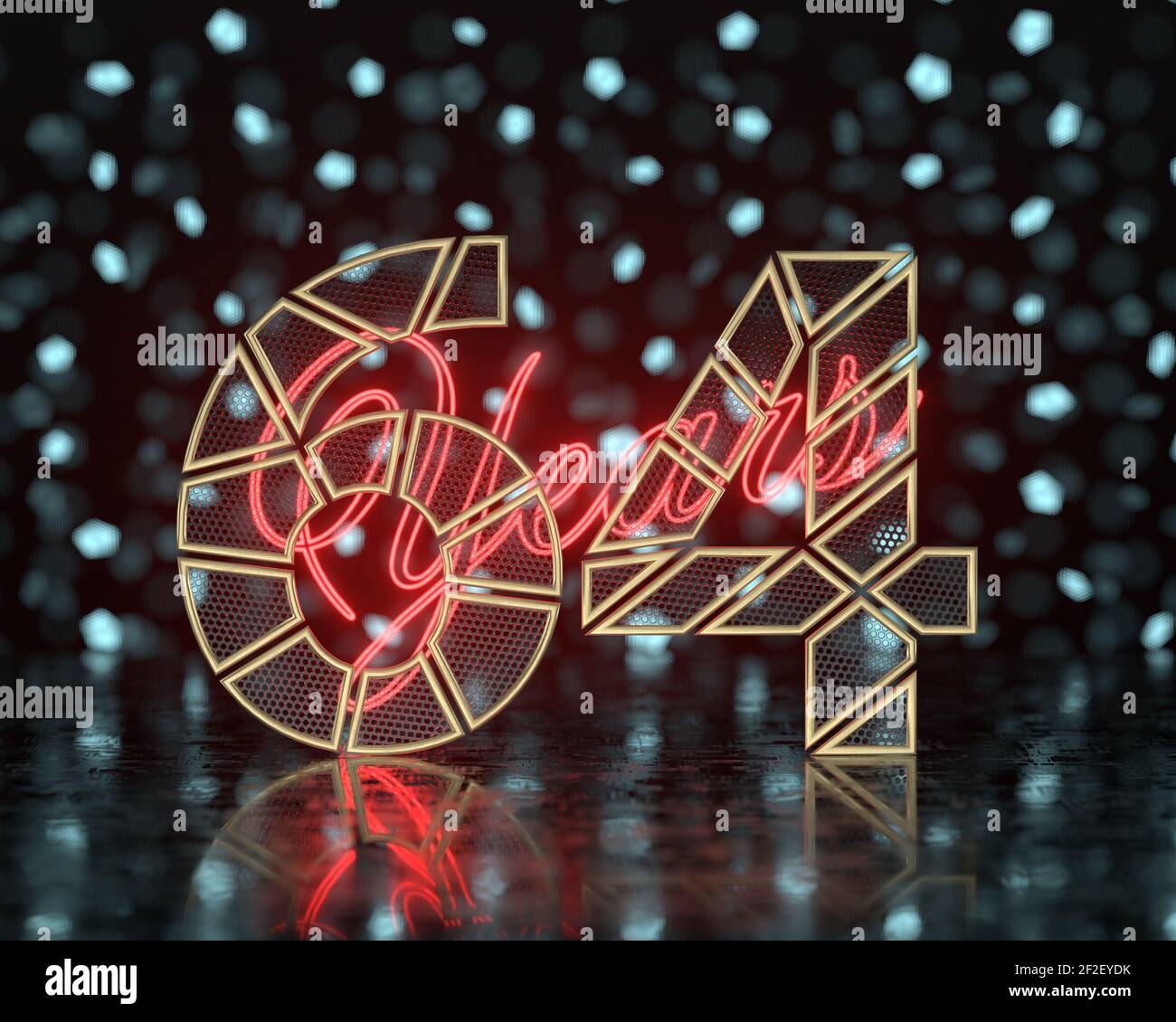 Golden number sixty-four (number 64) cut into perforated gold segments ...