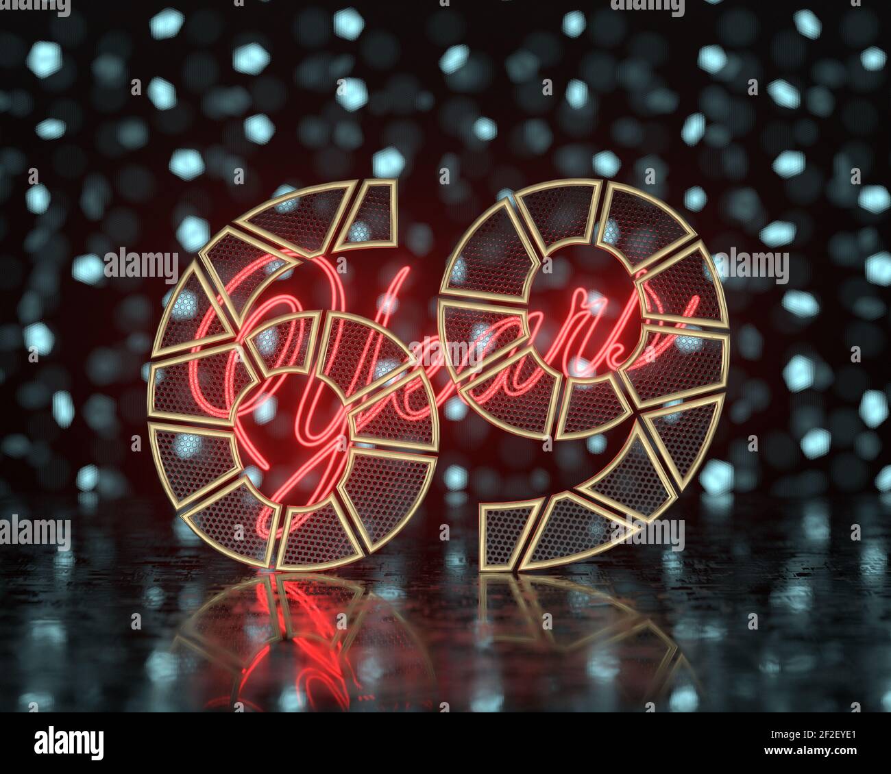 Golden number sixty-nine (number 69) cut into perforated gold segments ...