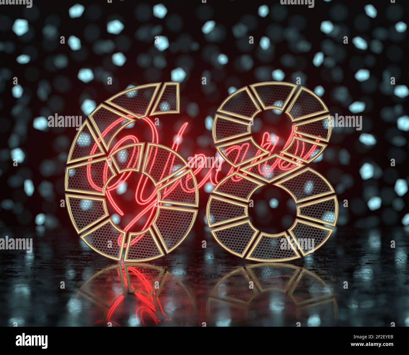 Golden number sixty-eight (number 68) cut into perforated gold segments ...