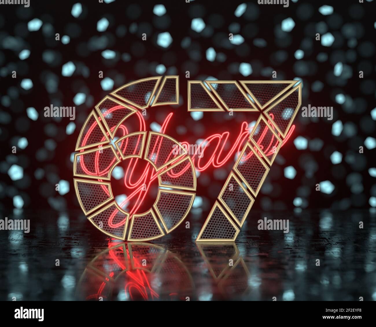 Golden number sixty-seven (number 67) cut into perforated gold segments ...