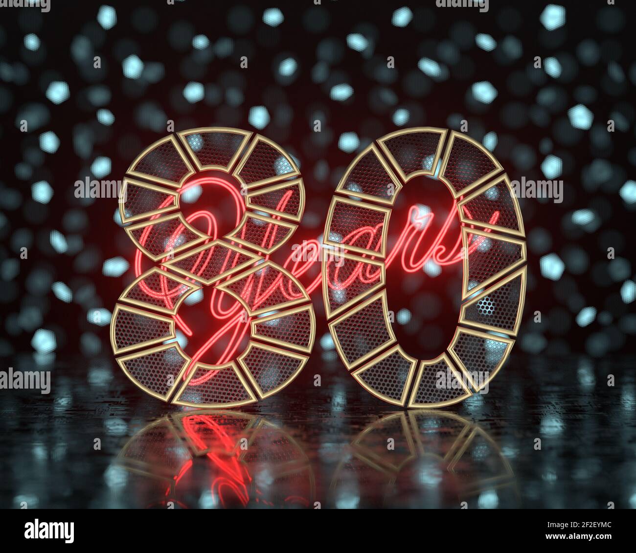 Golden number eighty (number 80) cut into perforated gold segments with ...