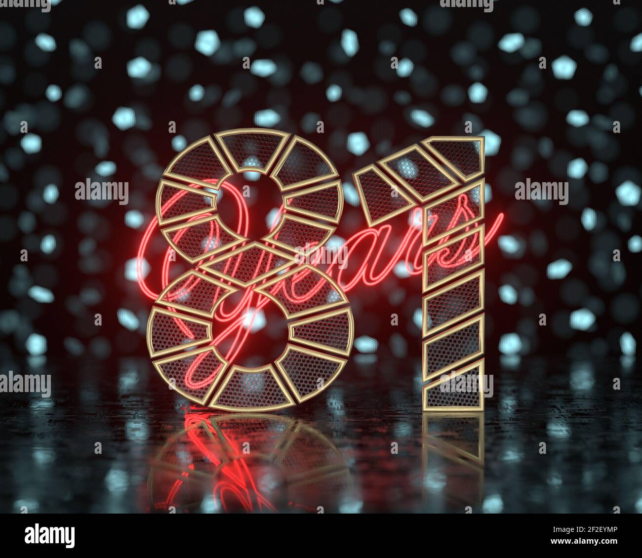 Golden number eighty-one (number 81) cut into perforated gold segments ...