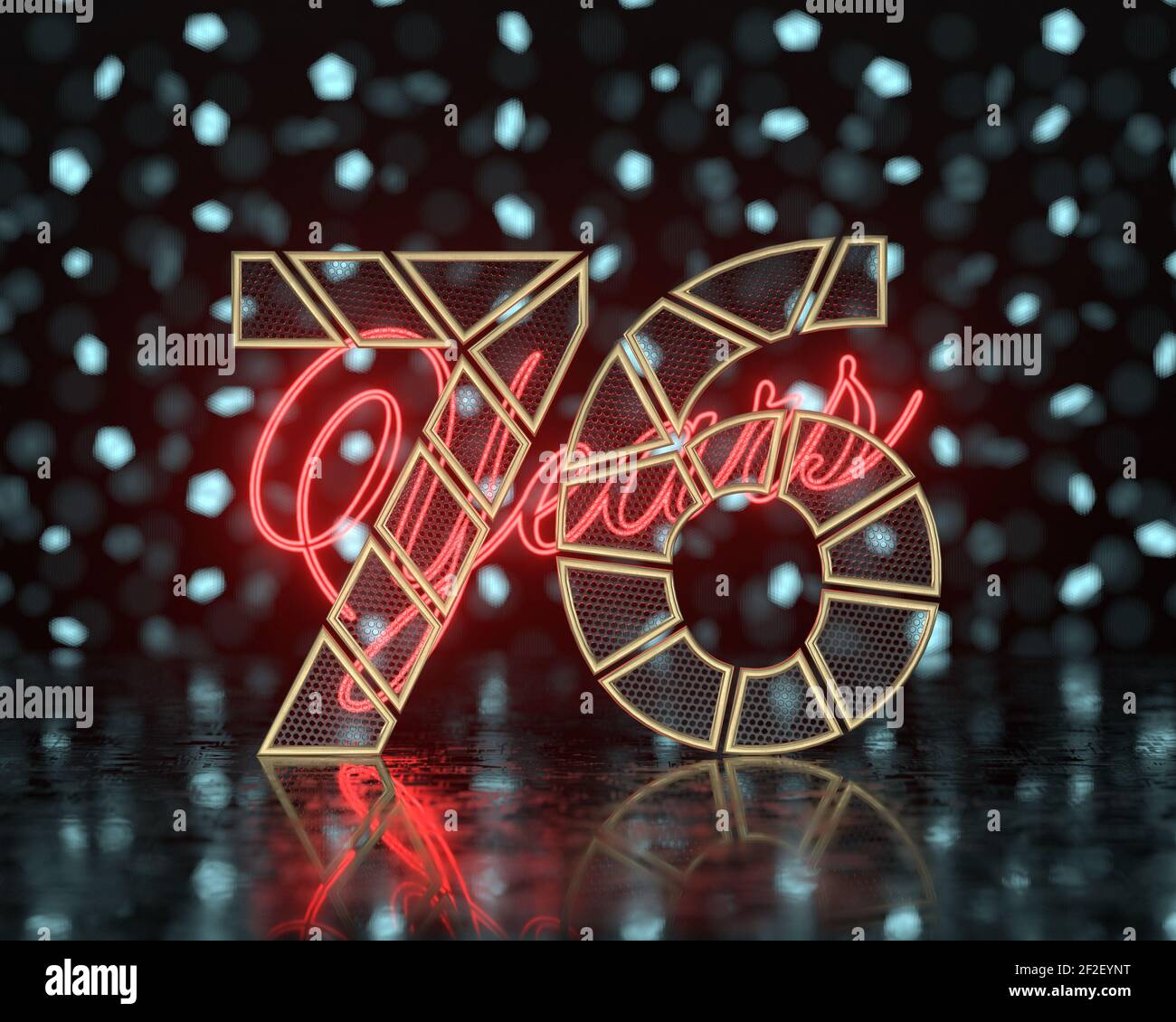 Golden number seventy-six (number 76) cut into perforated gold segments ...