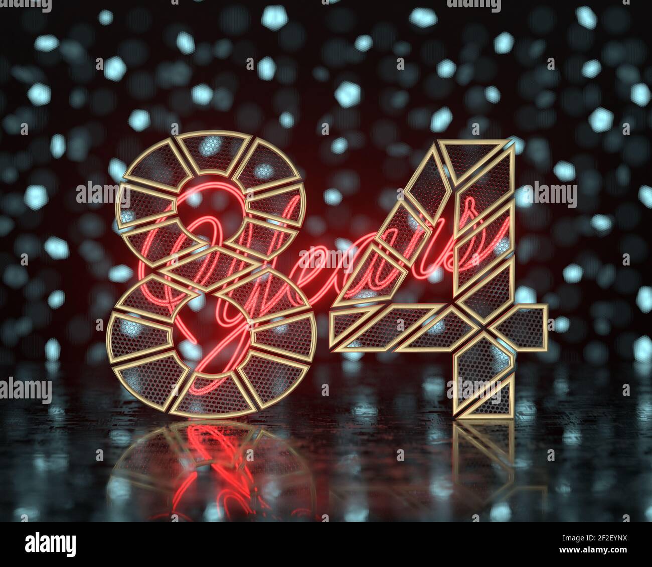 Golden number eighty-four (number 84) cut into perforated gold segments ...