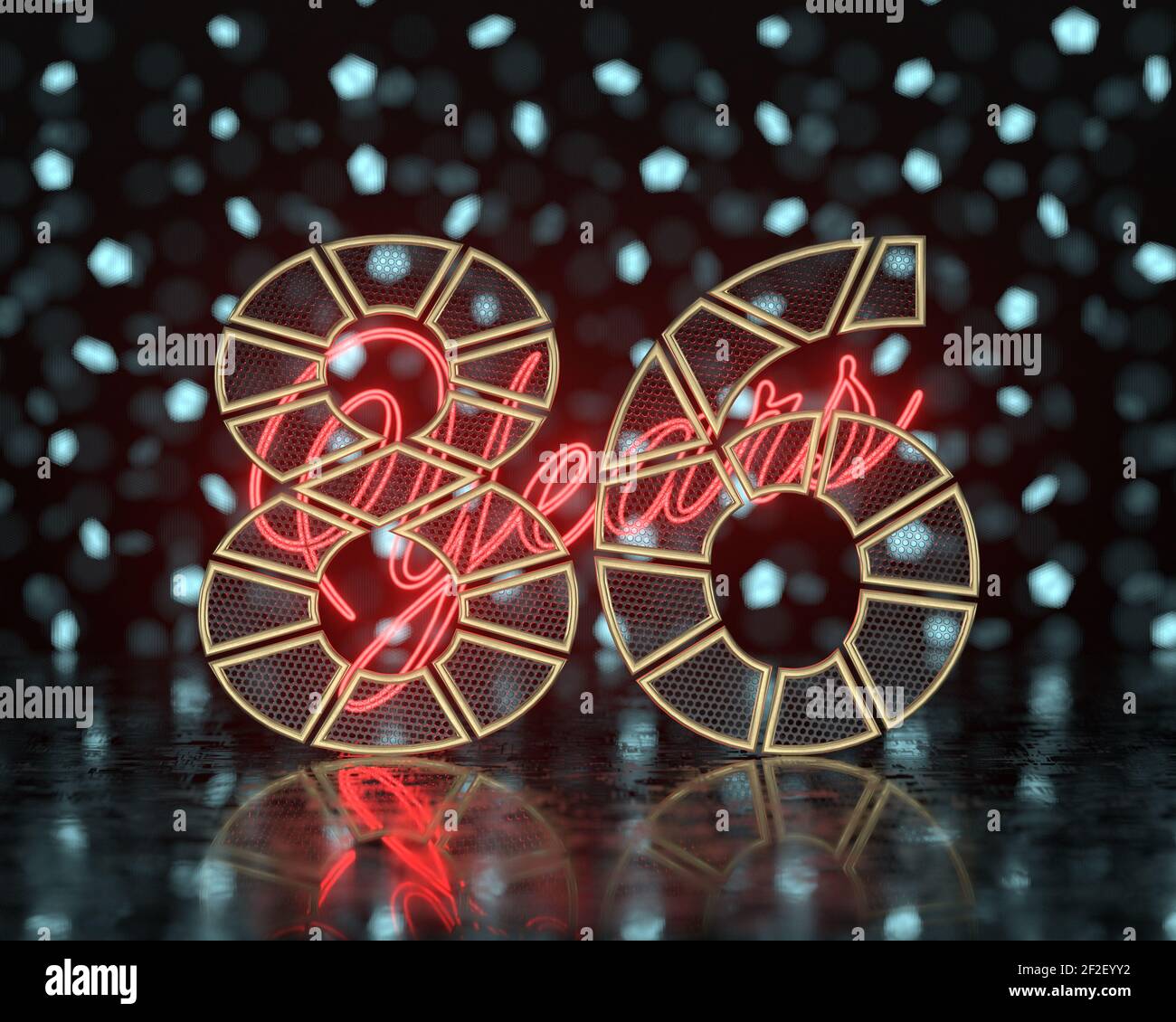 Golden number eighty-six (number 86) cut into perforated gold segments ...