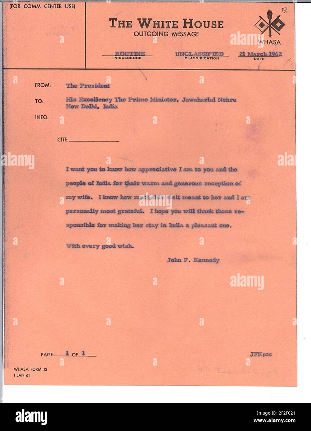 President Kennedy's thank you letter to Prime Minister Nehru Stock ...