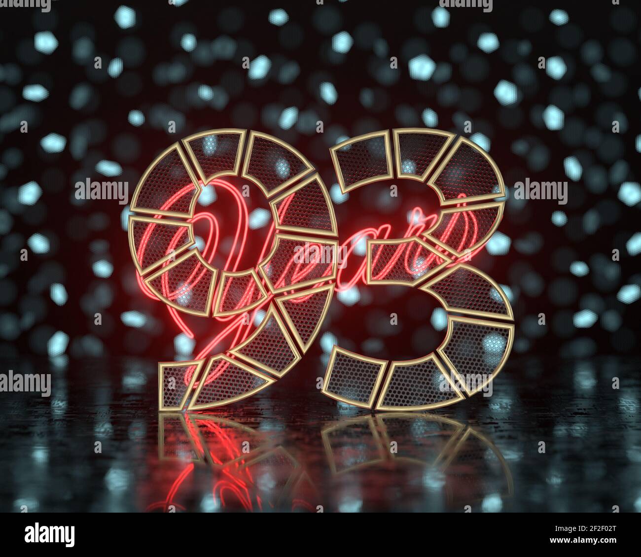 Golden number ninety-three (number 93) cut into perforated gold ...