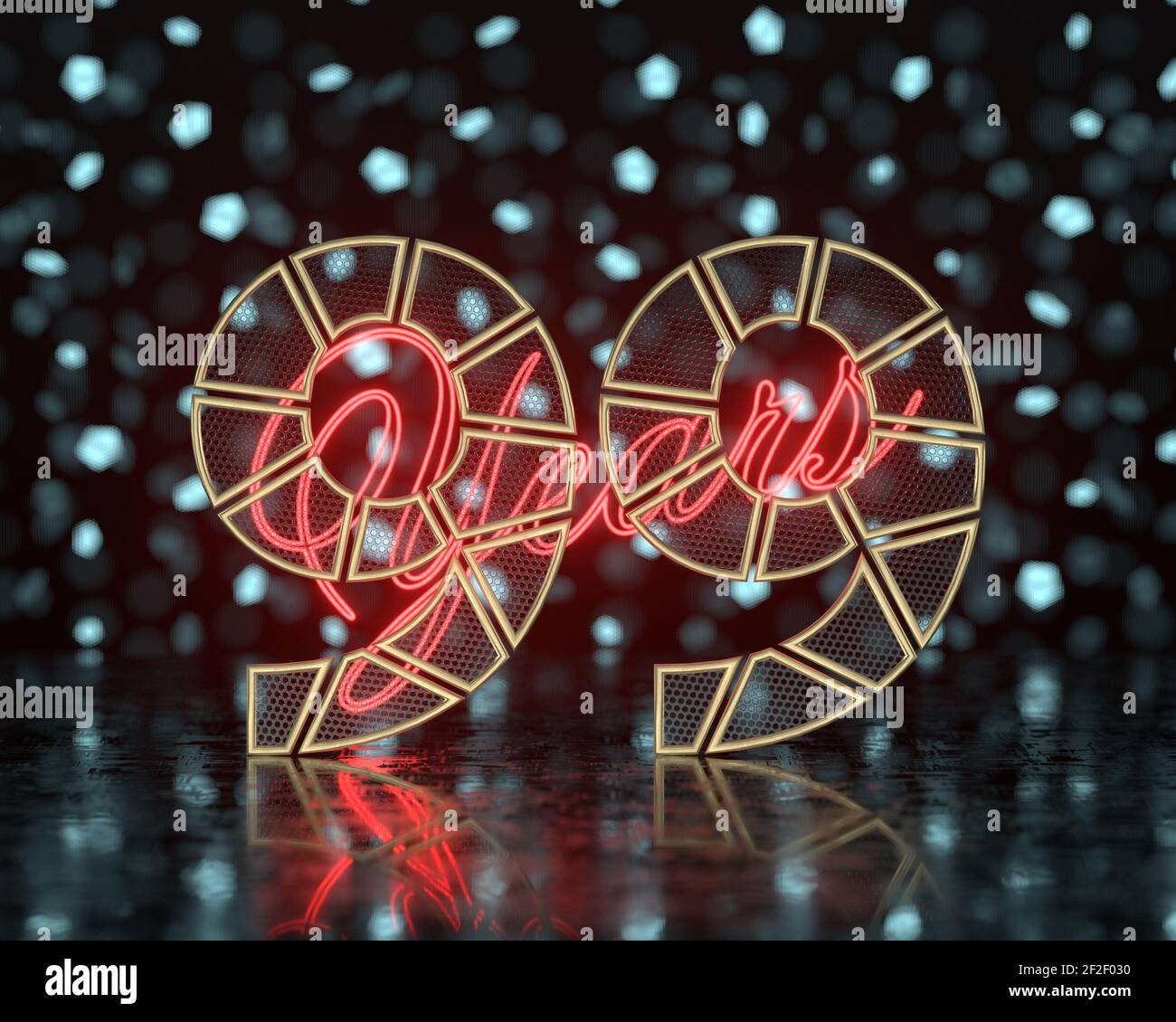 Golden number ninety-nine (number 99) cut into perforated gold segments ...