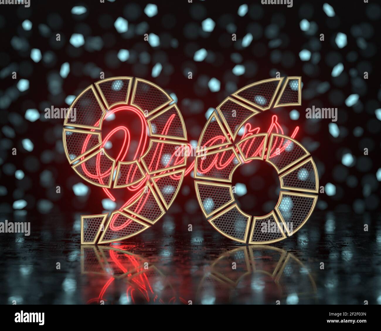 Golden number ninety-six (number 96) cut into perforated gold segments ...