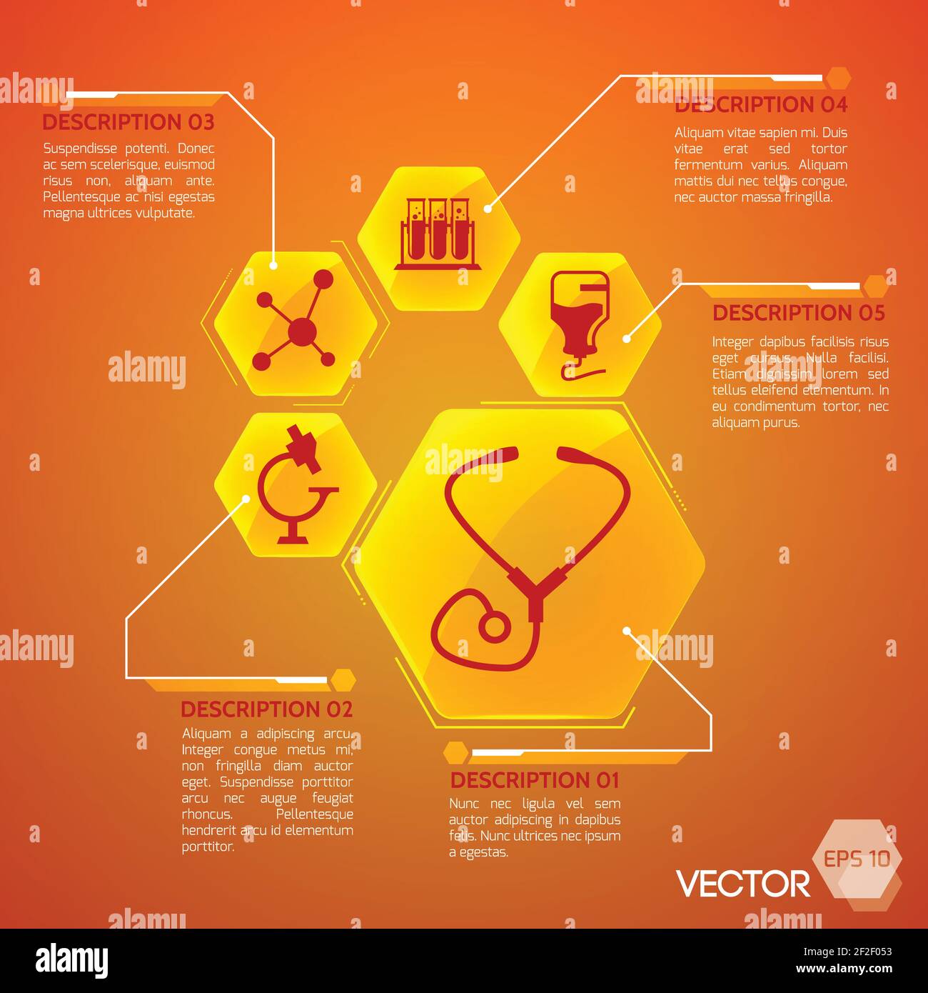 Medicine and health orange poster with pharmacy symbols flat vector ...