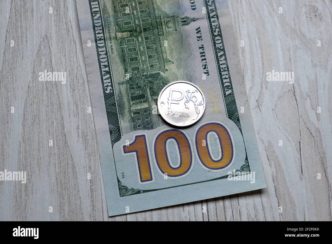 Russian one ruble coin on one hundred dollar bill. Currency rate ...