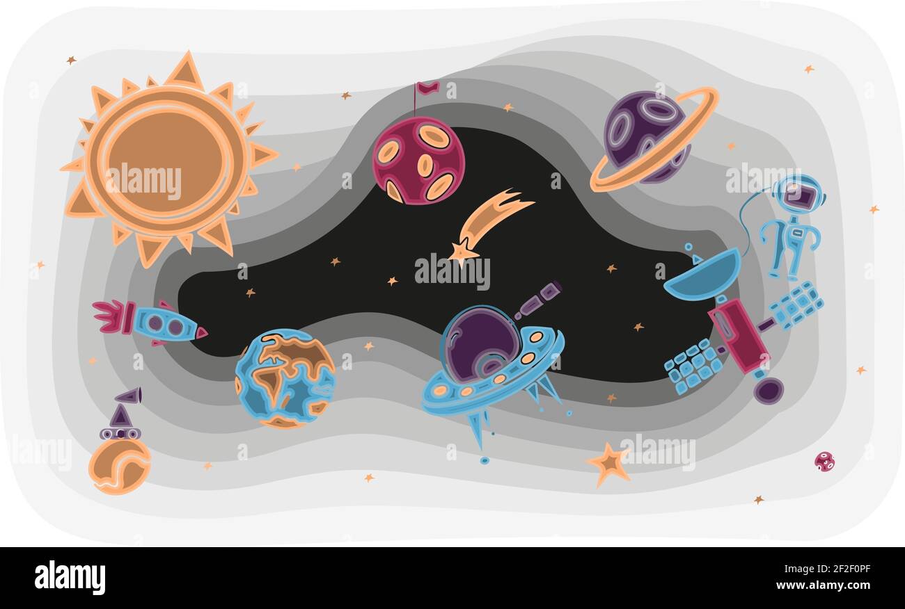 Hand draw space illustration with a rocket, astronaut, planets and ...