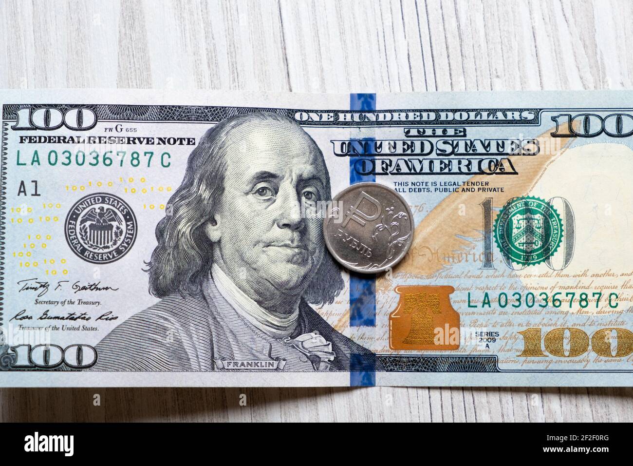 Russian one ruble coin on one hundred dollar bill. Currency rate ...