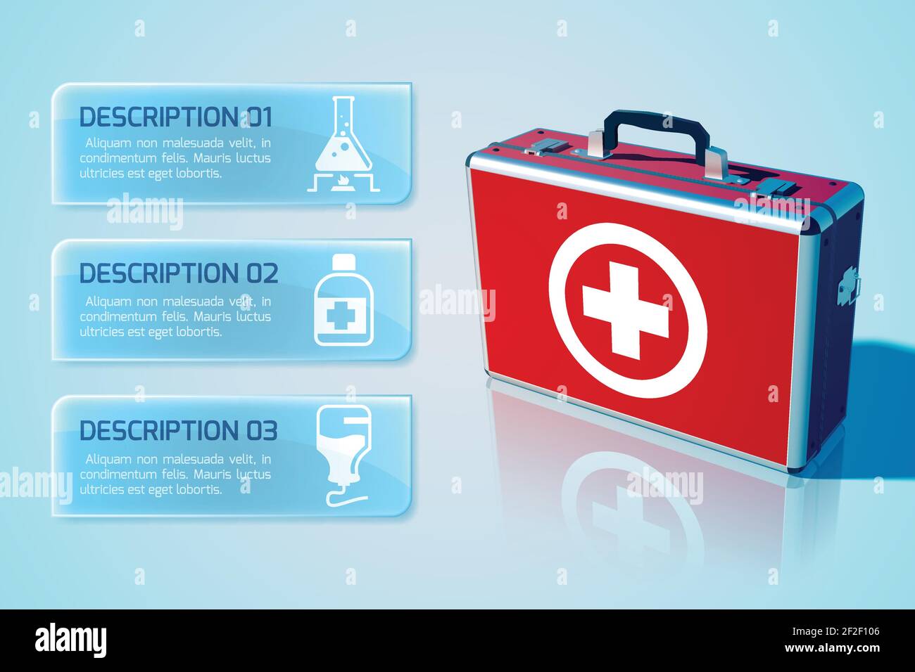 Medical care infographic template with first aid kit three banners text ...