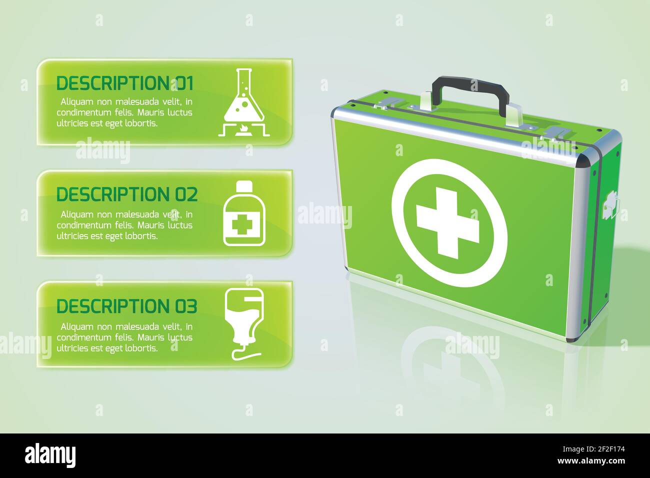 Healthcare infographic concept with green medical bag three banners ...