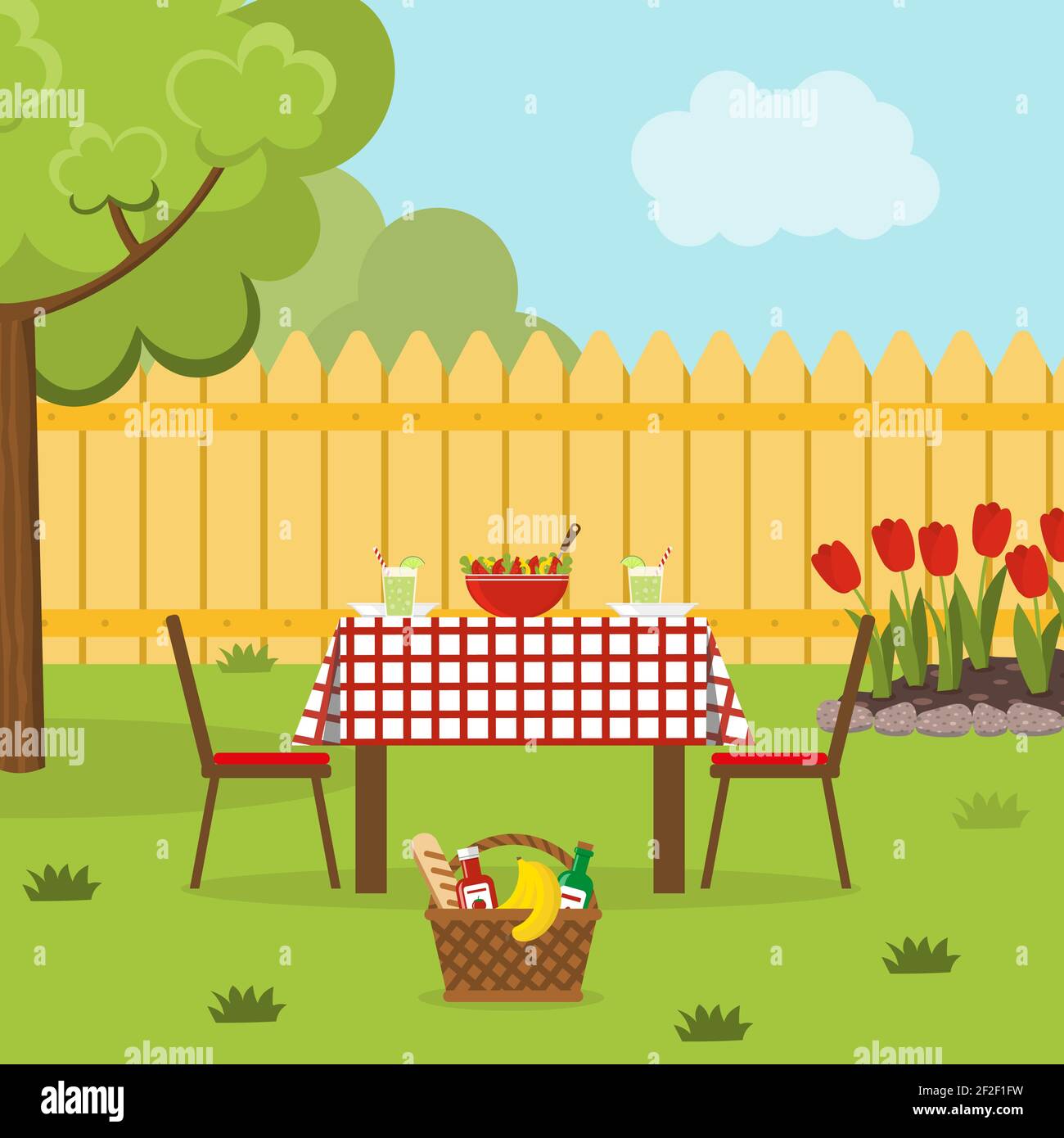 Lunch in the backyard with trees and flowerbed. Dinner in the garden ...