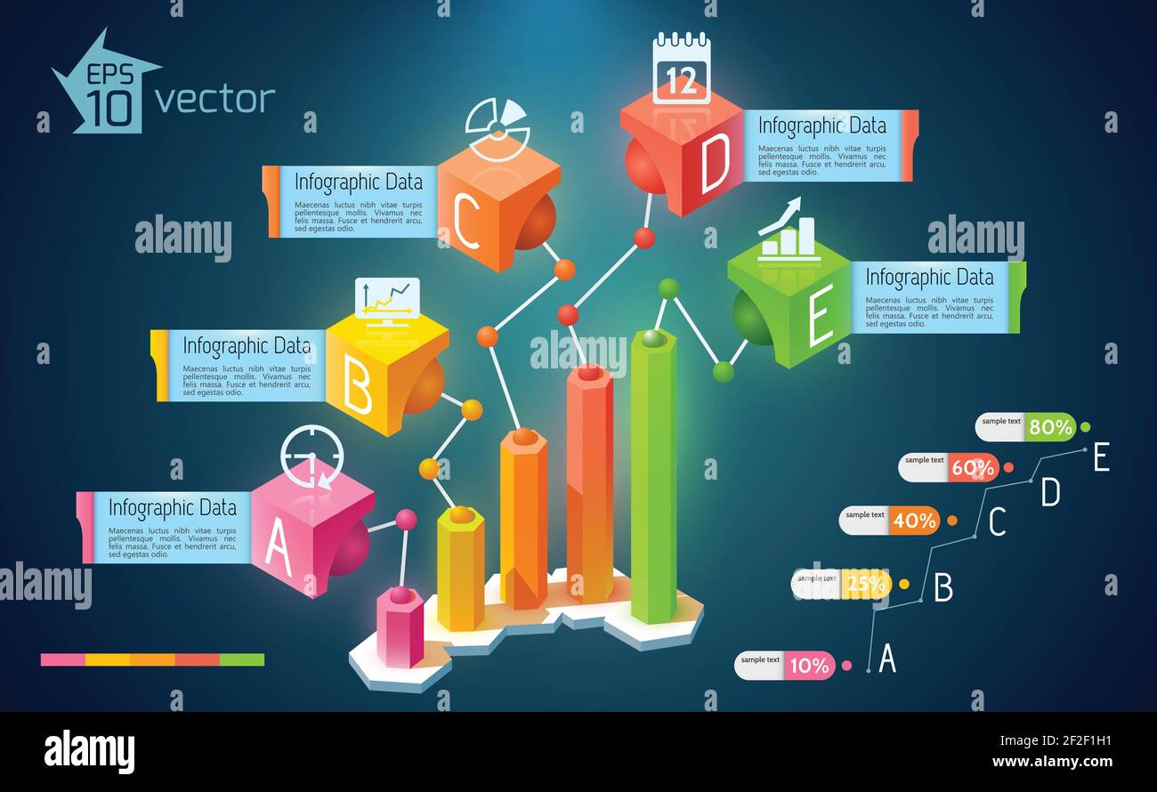 Abstract business chart infographics with colorful 3d graphs five ...