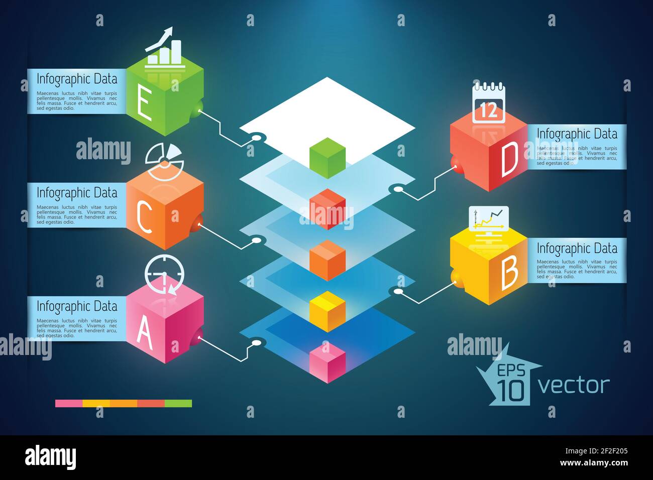 Business chart infographics with colorful diamond pyramid five ribbon ...