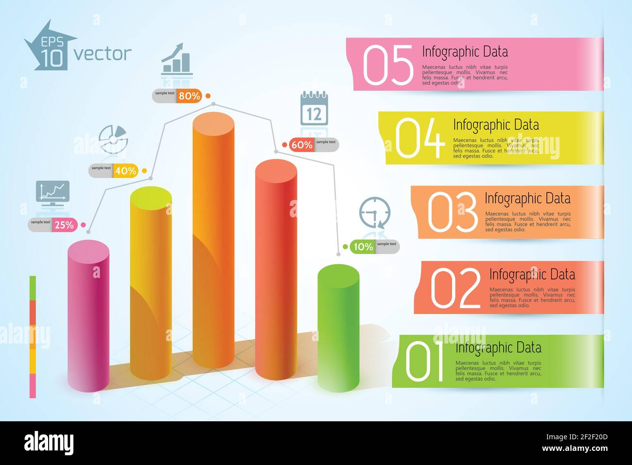 Business graph template with colorful 3d columns five text banners and ...