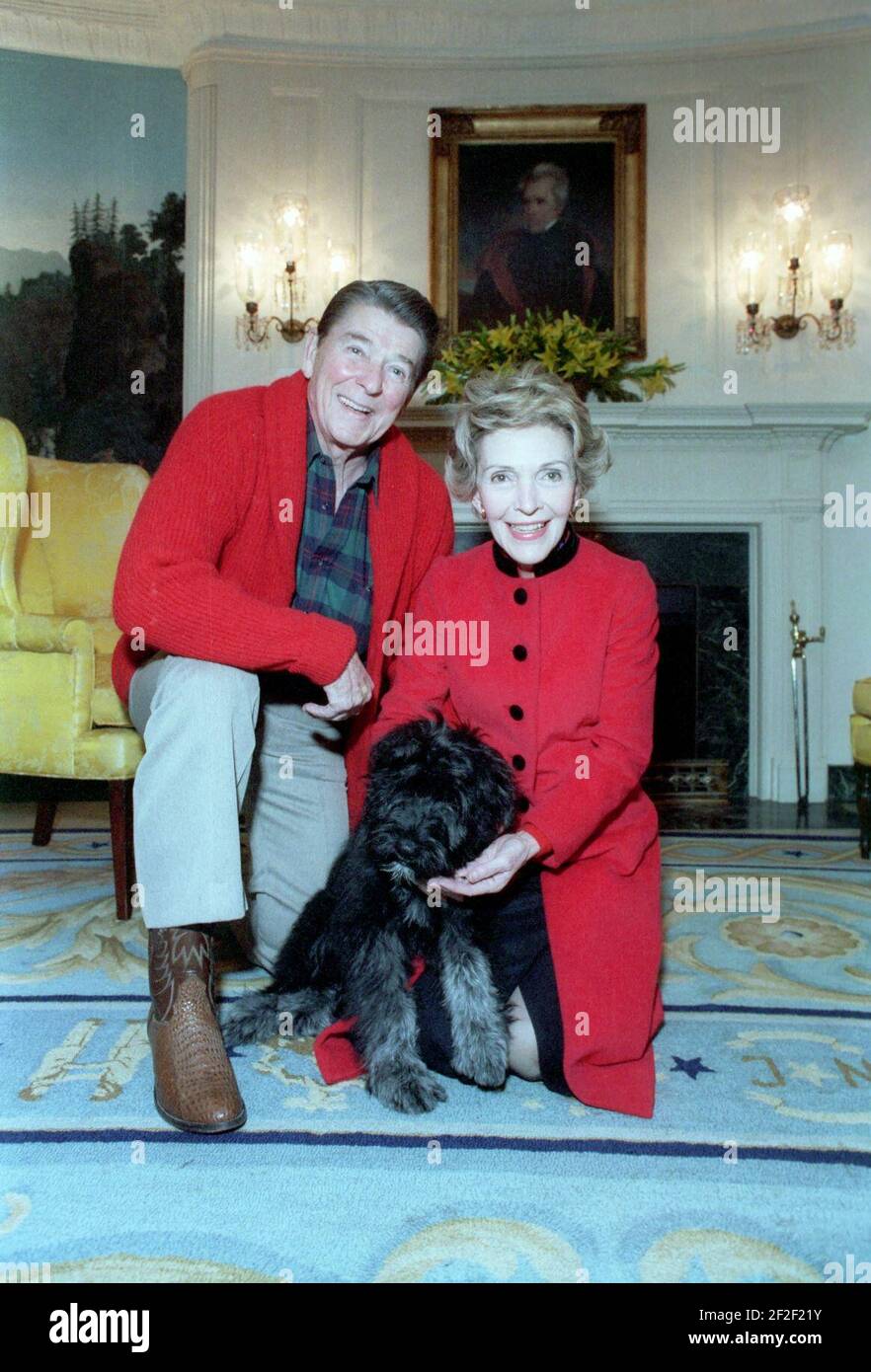 President Ronald Reagan and Nancy Reagan pose with their dog Lucky in ...