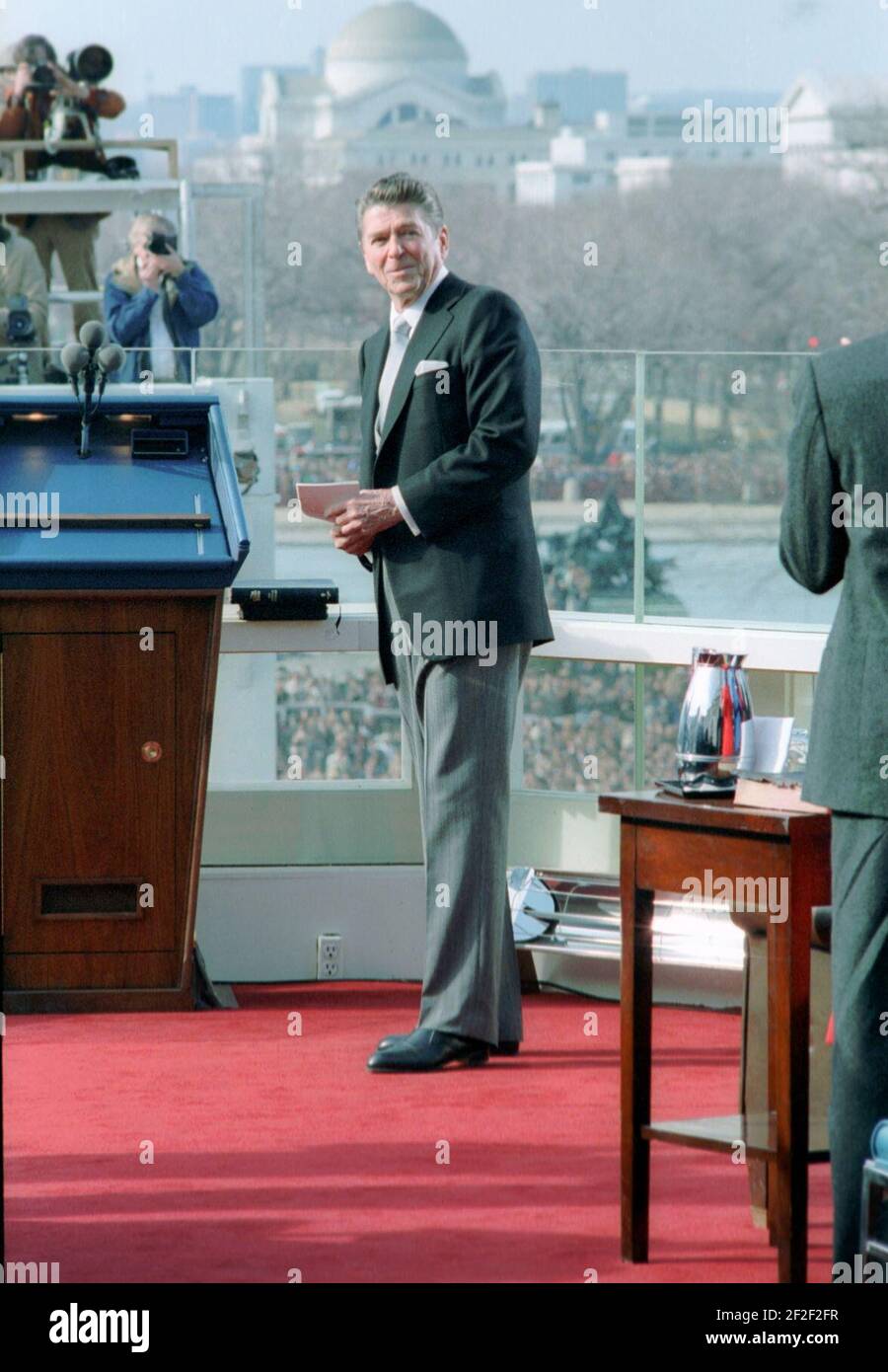 President Ronald Reagan at Inaugural swearing in ceremony at US Capitol ...