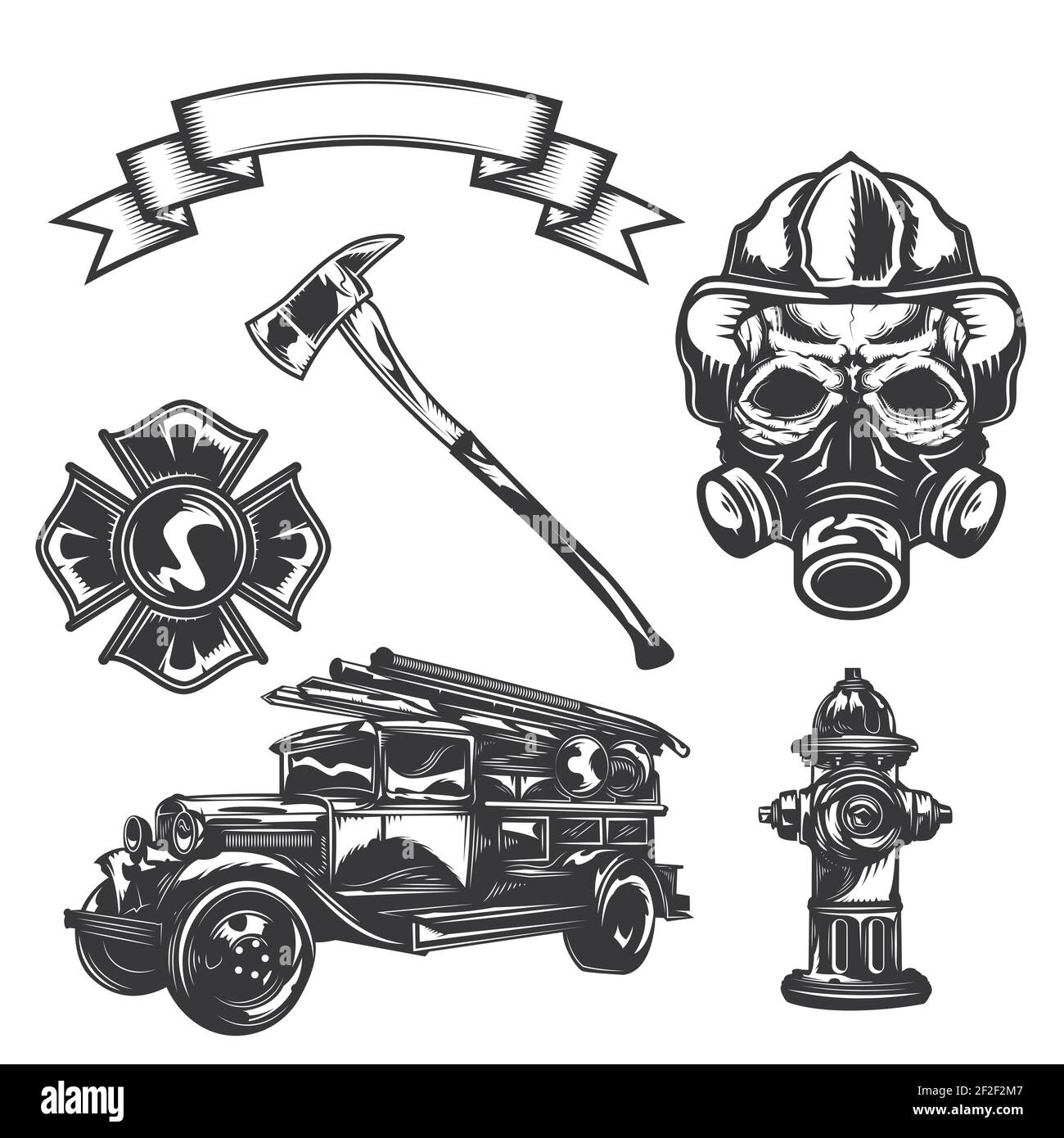 Set of firefighter elements (axe, car, ribbon, firefighter, emblem ...