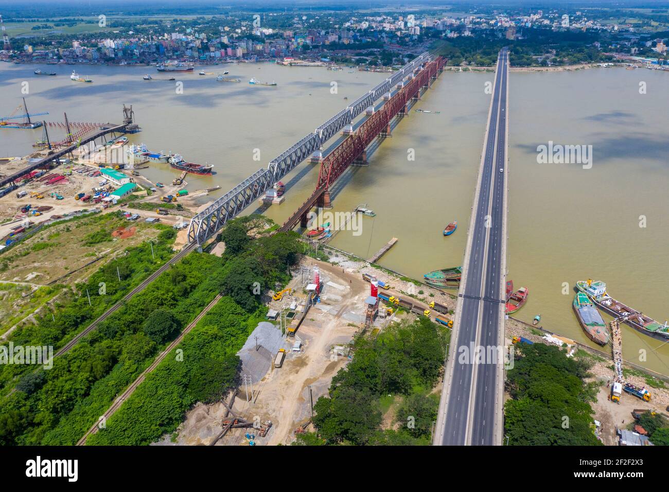 Aerial photo of Syed Nazrul Islam Bridge and two rail way bridges cross ...