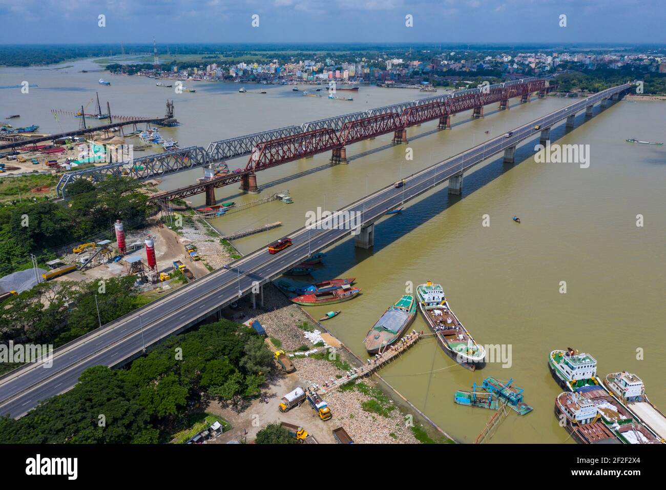 Aerial photo of Syed Nazrul Islam Bridge and two rail way bridges cross ...
